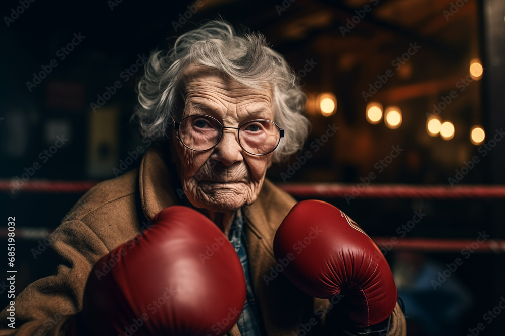 Grandmother boxer in boxing gloves on boxing ring. Old beautiful ...