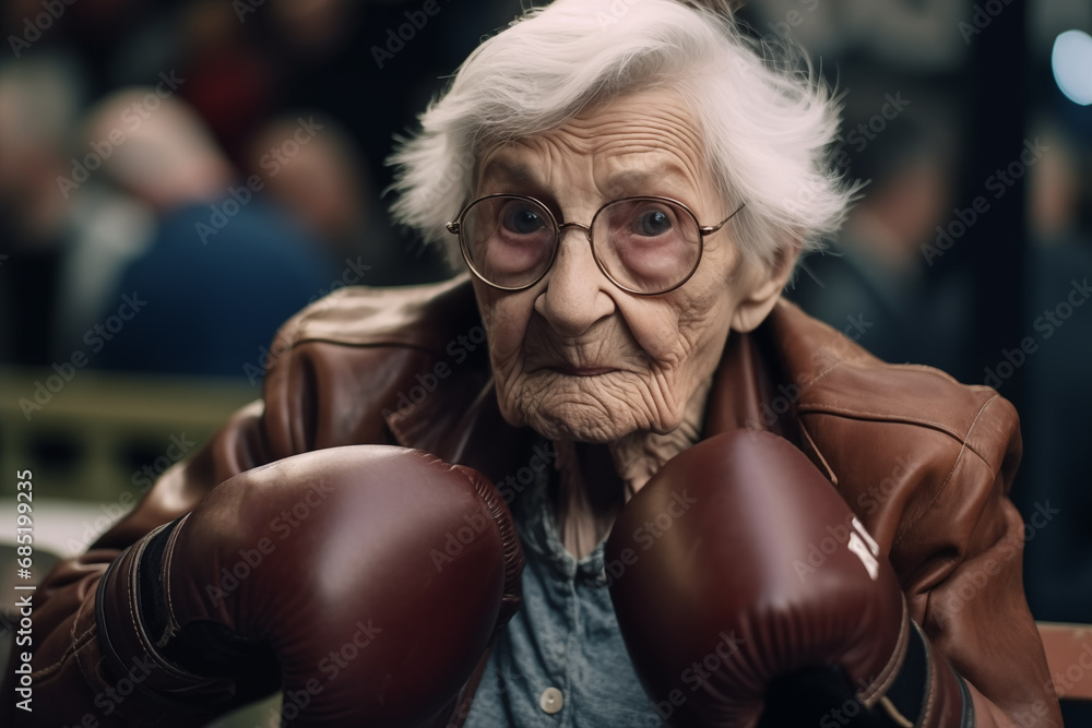 Illustration Stock Old Woman in boxing gloves in fight. Grandmother ...