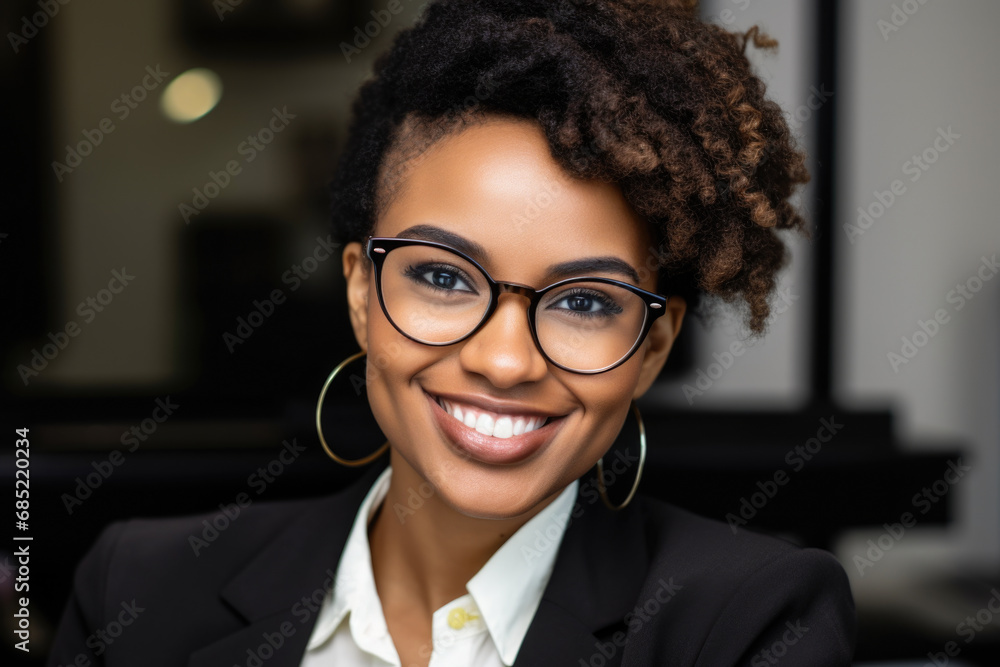 Professional woman wearing suit and glasses smiling at camera. This ...