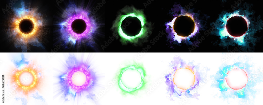 5 Vibrant neon rings, luminous energy emission for VFX overlays ...