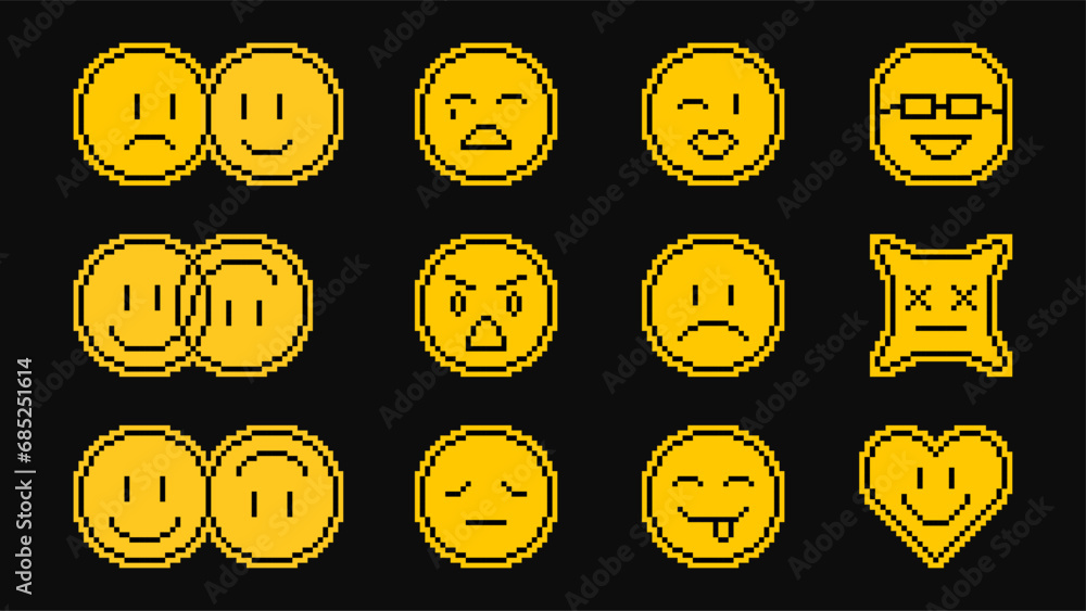 Pixel emoji smile pack. Various pixel art smiles with laugh or love ...