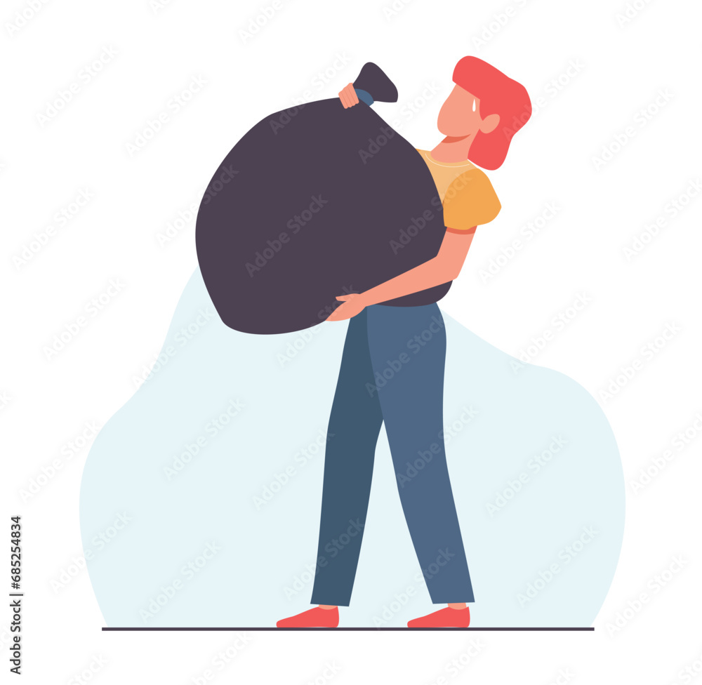 Tired girl with big sack suffers from very heavy weight. Difficult task ...