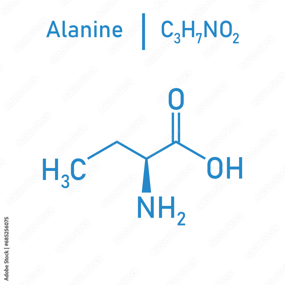 Skeletal formula of L-alanine. Chemical structure of Alanine (C3H7NO2 ...