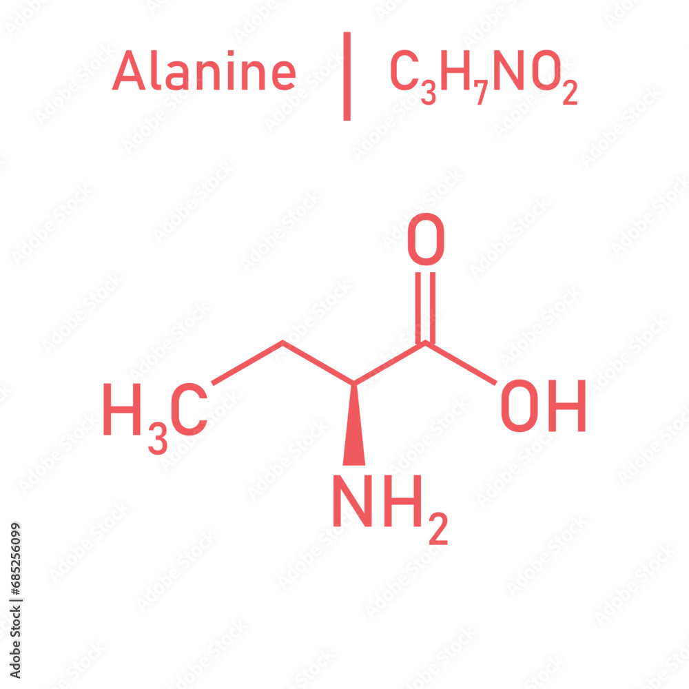 Skeletal formula of L-alanine. Chemical structure of Alanine (C3H7NO2 ...