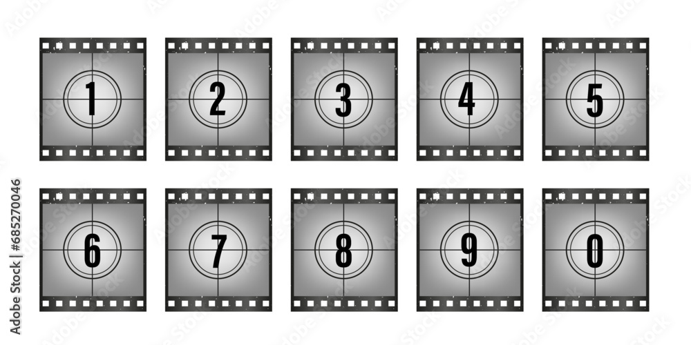 Set a classic film countdown frame at the number one, two, three, four ...