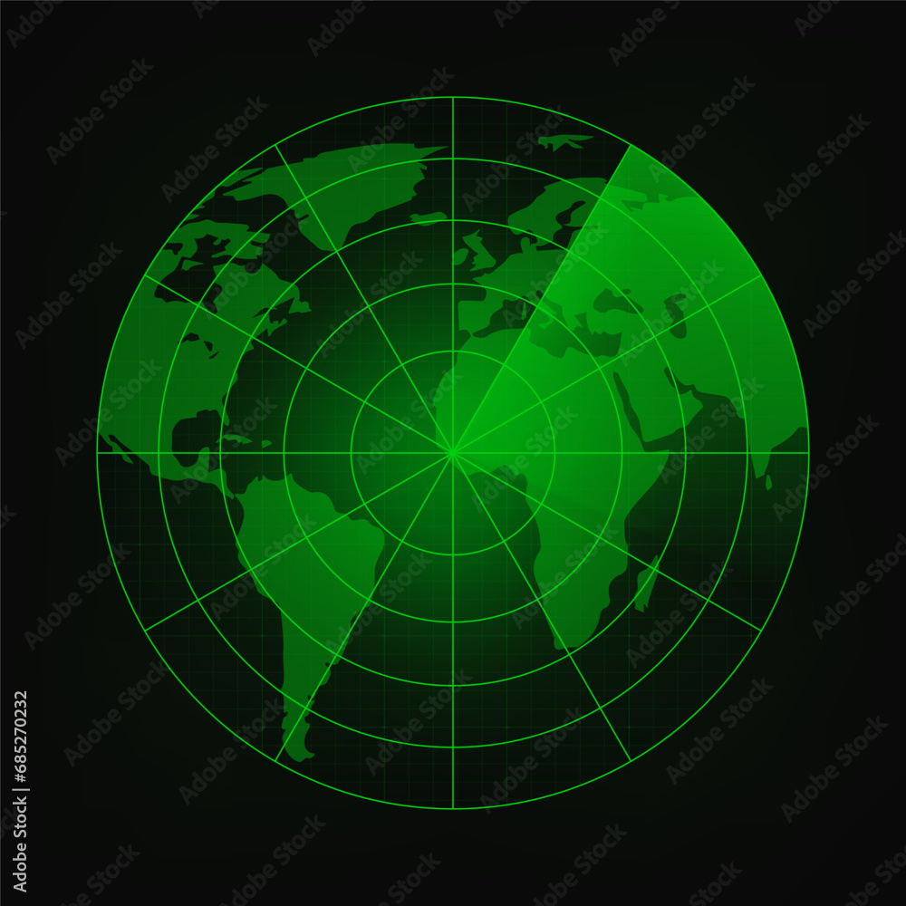 World map with a radar screen,digital green radar with targets and ...