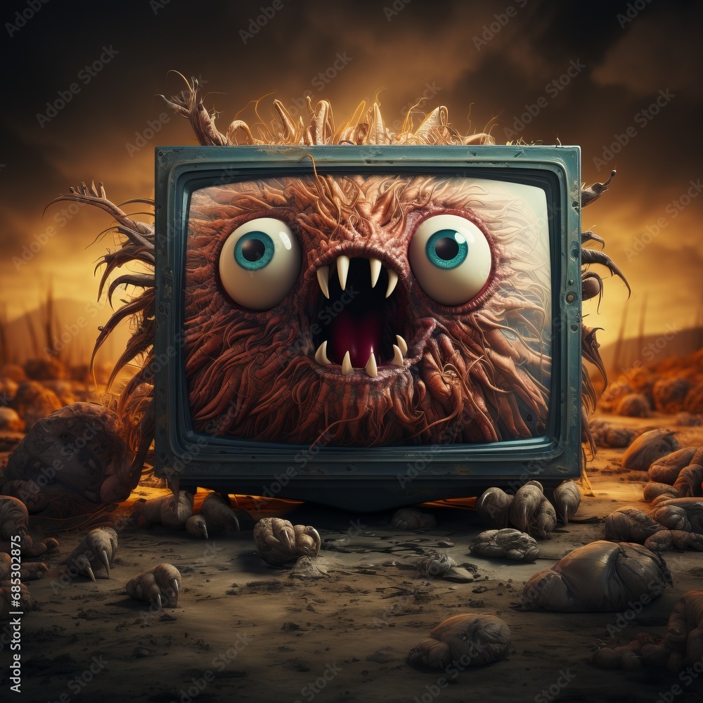 Frightening furry monster with big eyes and teeth in the monitor ...