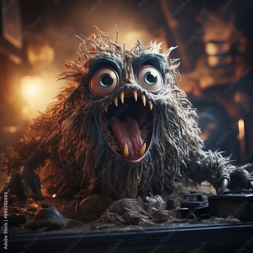 Frightening furry monster with big eyes and teeth in the monitor ...