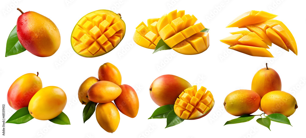Mango Mangoes fruit, many angles and view side top front sliced halved ...