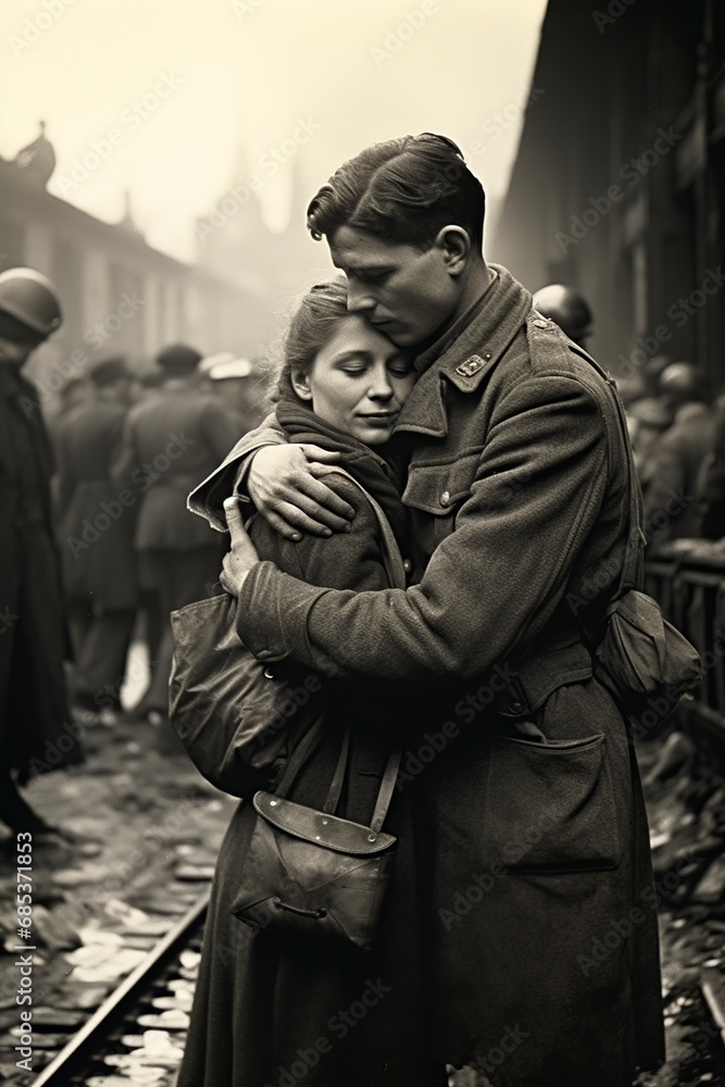 black and white, soldier says goodbye to his family before leaving for ...