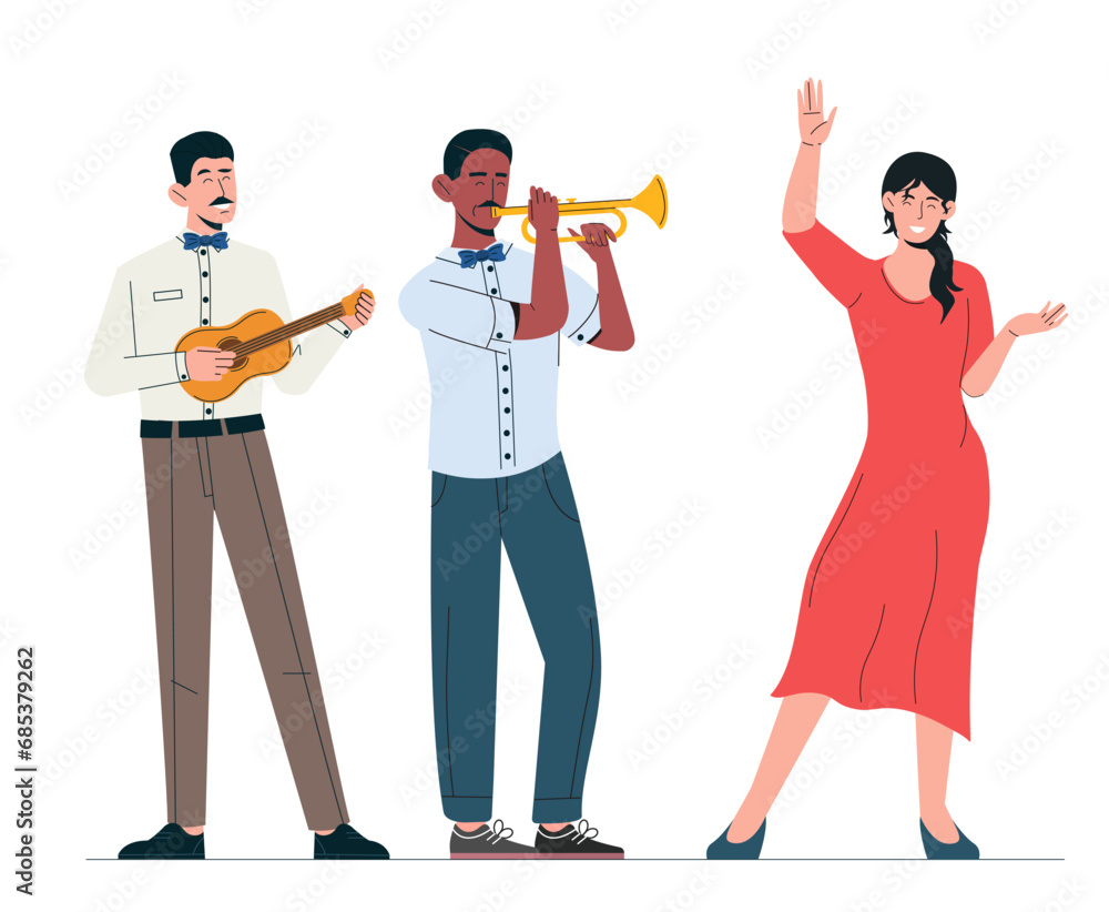Musicians with dancer set. Guys with guitar and saxophone near girl in ...