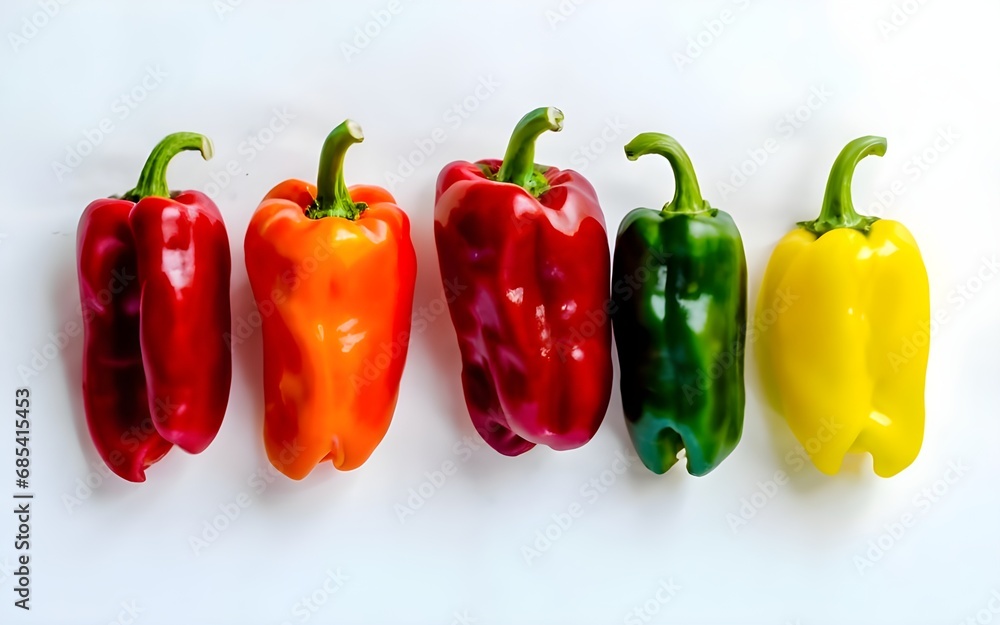 bell pepper different colors in a row, white backgorund, isolated ...