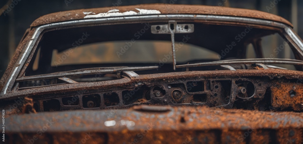 an old rusted out car sitting in a garage with rust on the hood and the ...