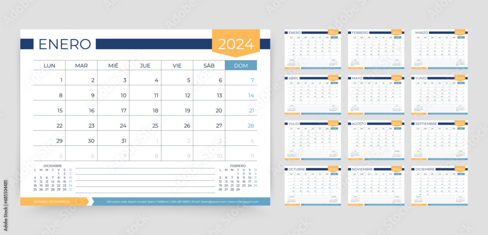 Calendar 2024 year. Spanish planner template. Week starts Monday. Desk ...