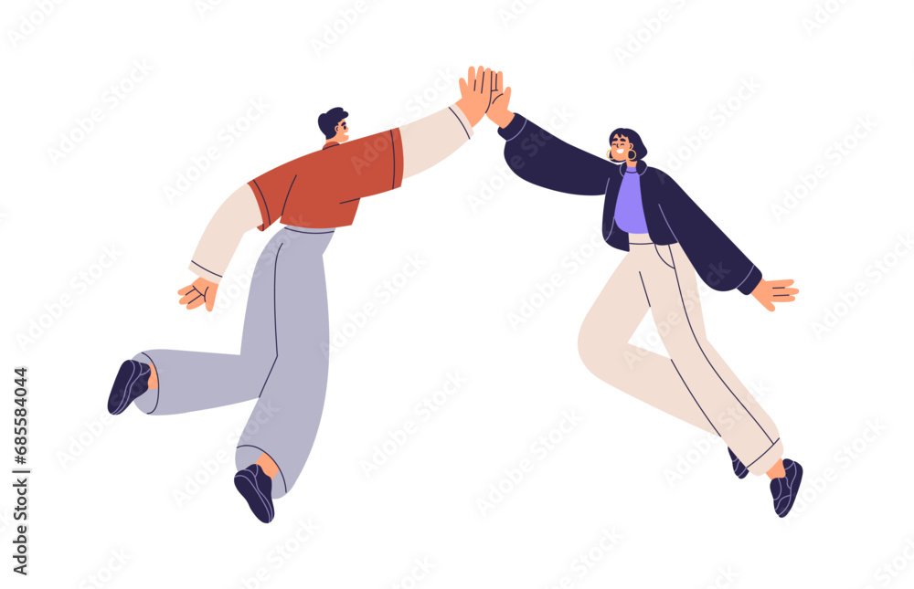 Happy people giving high five, jumping, celebrating success ...
