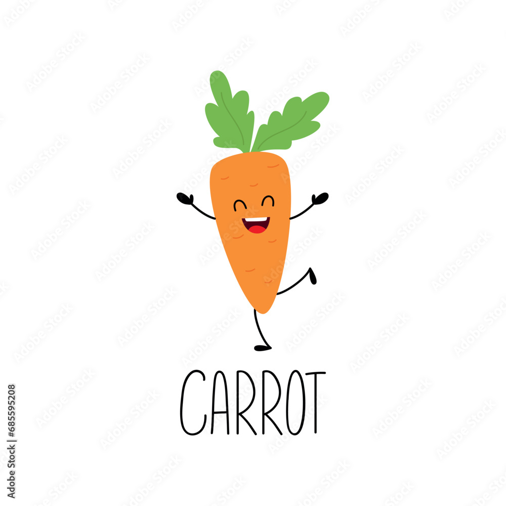 Carrot character with arms and legs and hand written name of vegetable ...