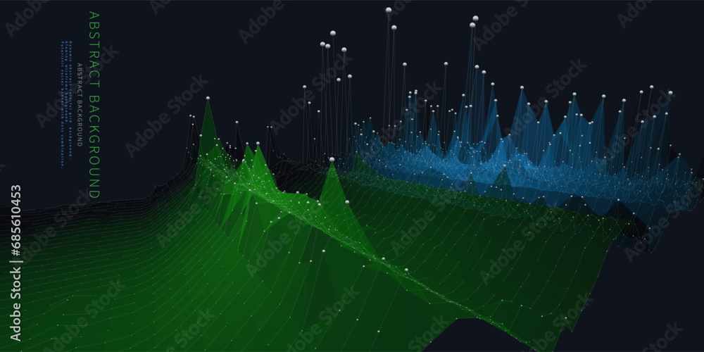 Abstract background noisy graph in lines and dots on dark. Technology wireframe concept data ...