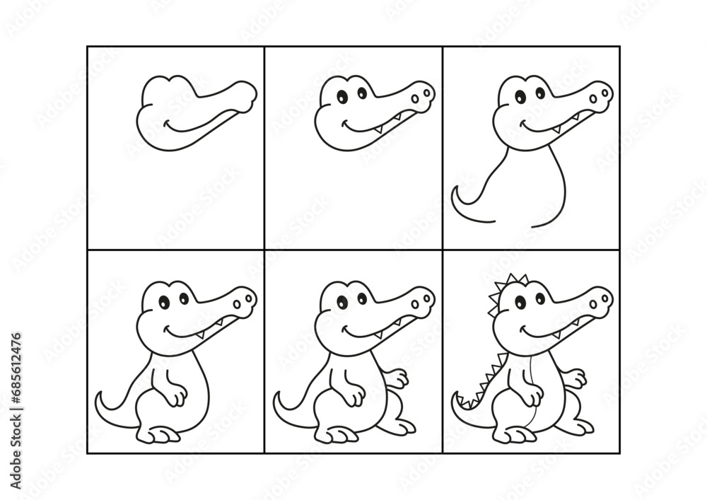 Crocodile. Step by step drawing. Coloring page, coloring book page ...