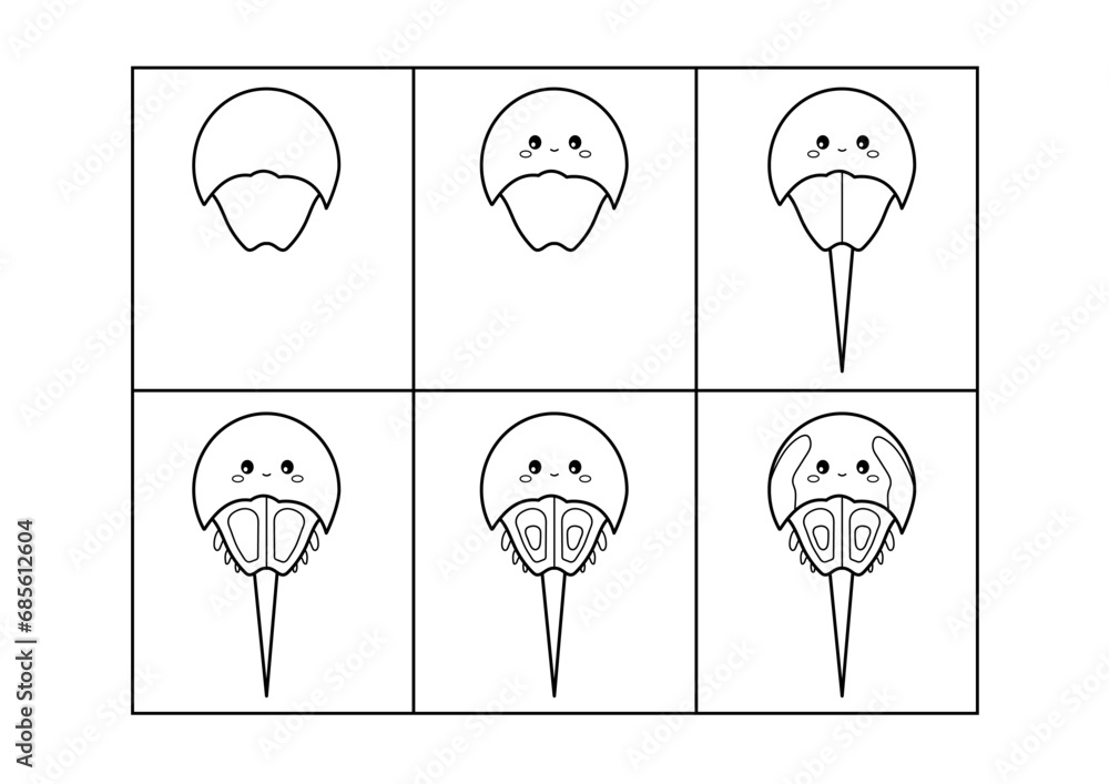 Step by step drawing. Horseshoe crab. Coloring page, coloring book page ...
