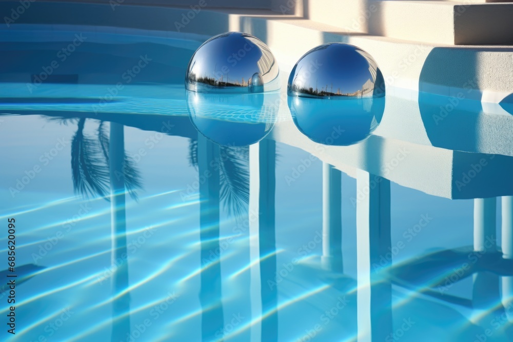 Tropical summer background with concrete wall, pool water and palm leaf ...