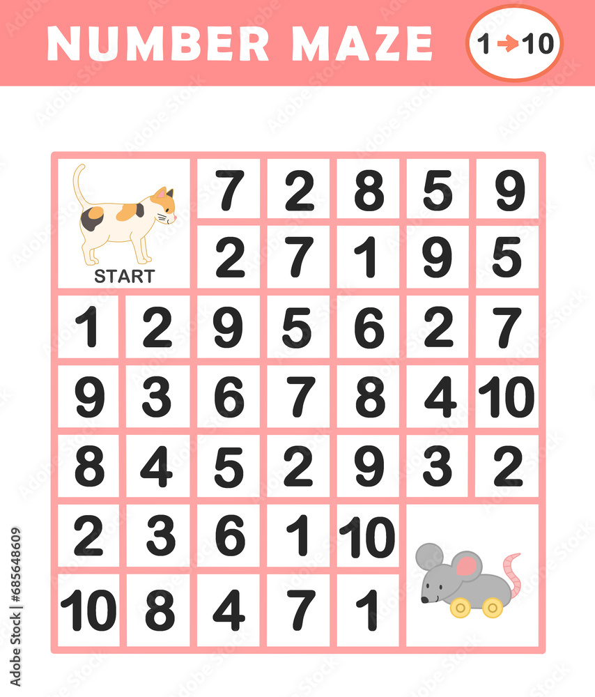 Number maze game for children with cute cat illustration. Help the ...