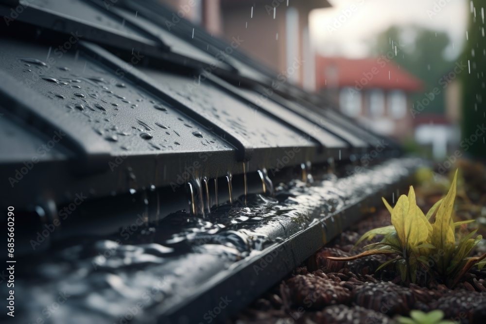 A detailed view of a rain gutter on a roof. This image can be used to ...