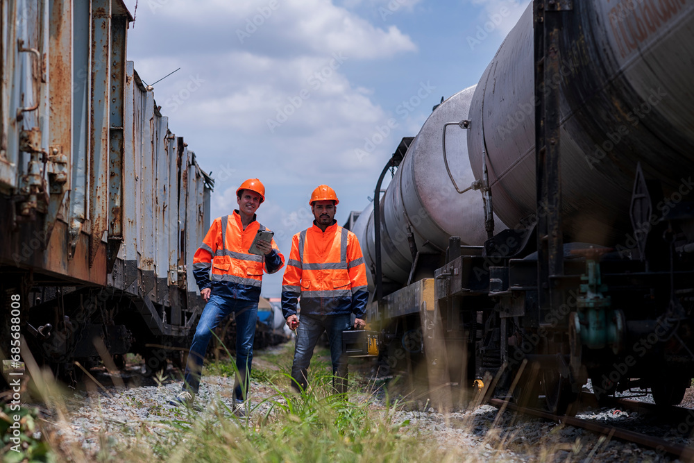 Engineer railway under checking construction process oil cargo train ...