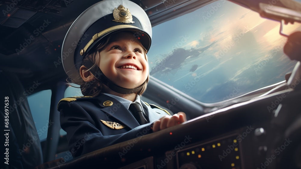 Happy kid dream job airplane captain in a pilot suit posing inside the ...