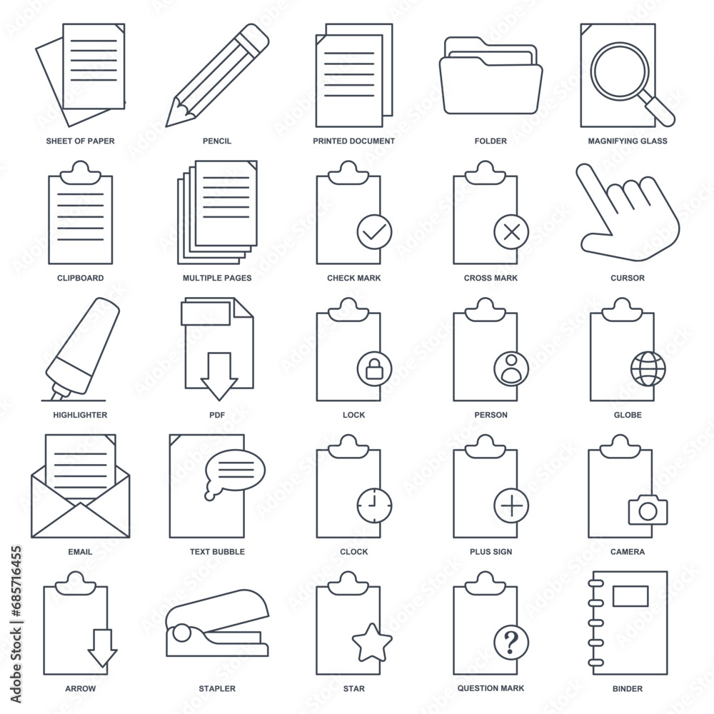 Document icon set, Included icons as Pencil, Folder, Clipboard ...