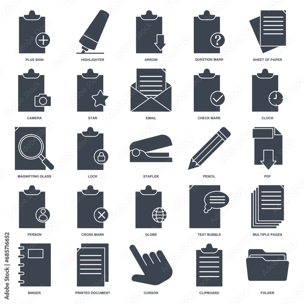 Document icon set, Included icons as Pencil, Folder, Clipboard ...