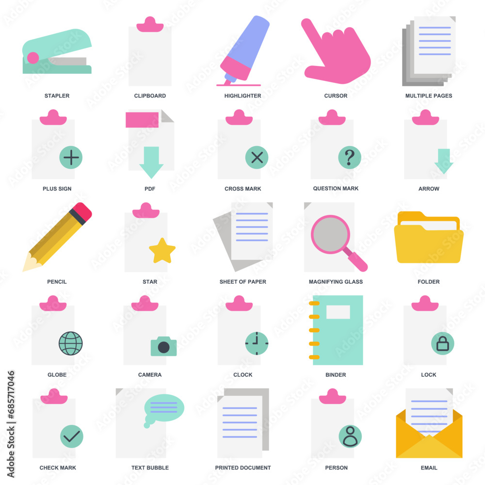 Document icon set, Included icons as Pencil, Folder, Clipboard ...