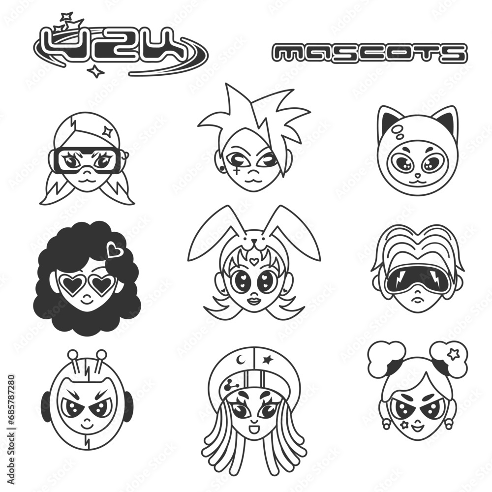 Set of Y2K retro 90s mascots on a white background. Cool cartoon ...