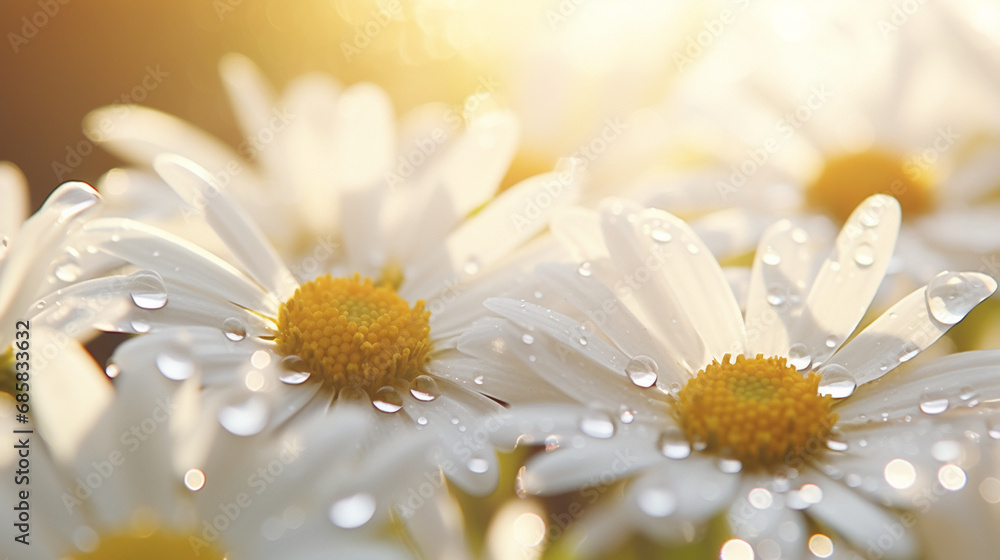 Daisy Petals,Sparkling dewdrops on vibrant , backlit by morning rays ...