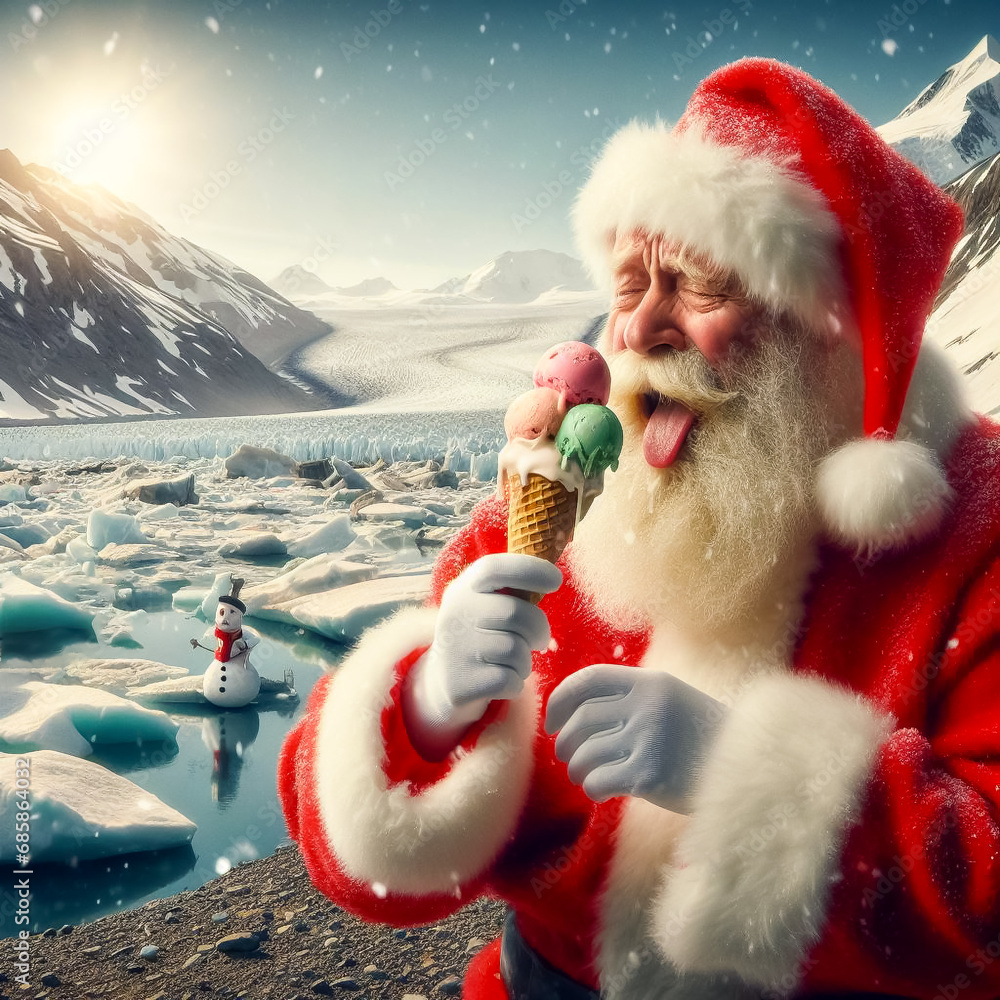 santa claus eating ice cream at the north pole, extreme heat, global ...