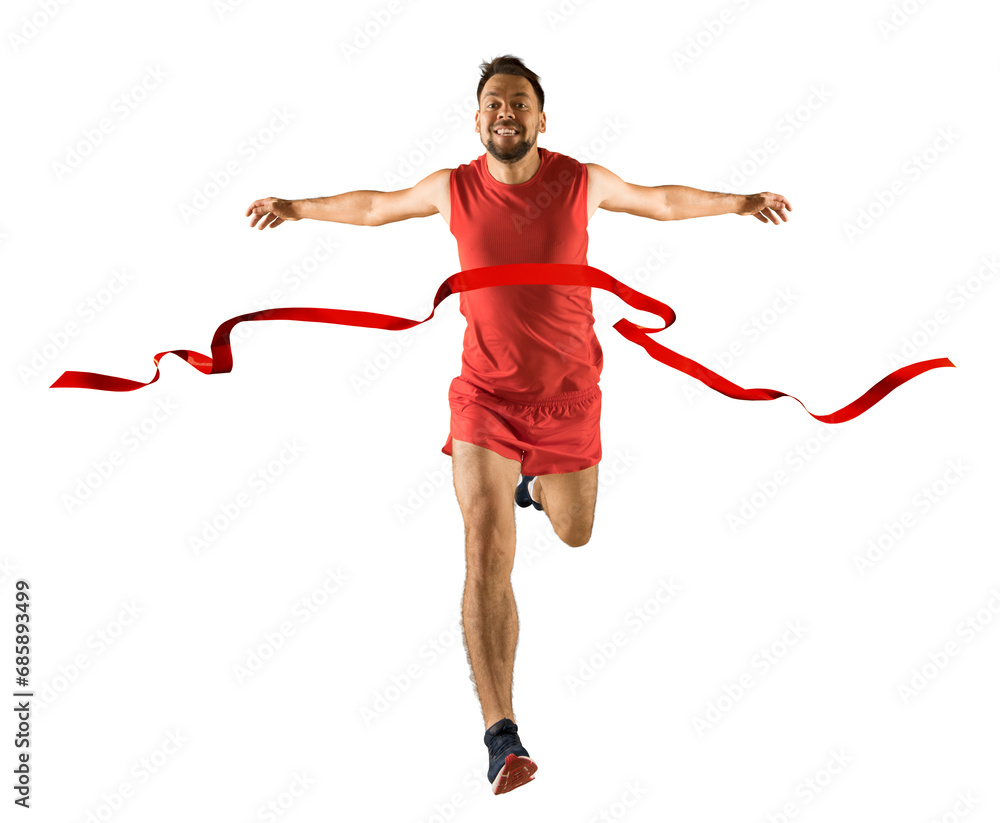 The runner wins by crossing the finish line ribbon on a white ...