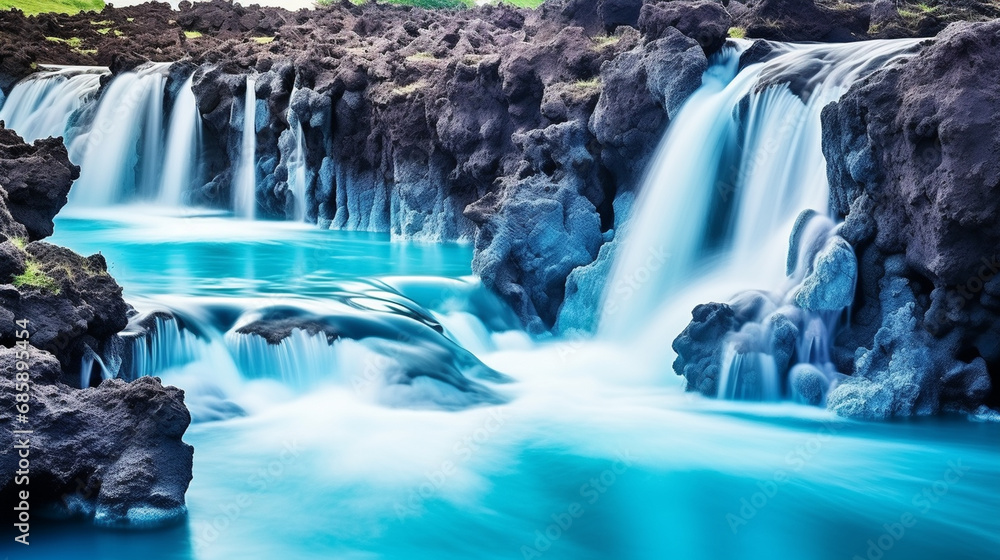 Cascading Waters: Capture a waterfall flowing into the Blue Lagoon ...