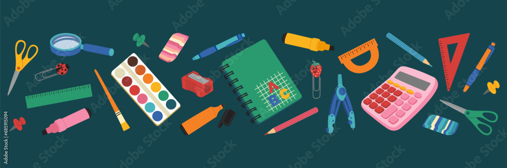 Set of school supplies. Pens, rulers, calculator, paints, pencils ...