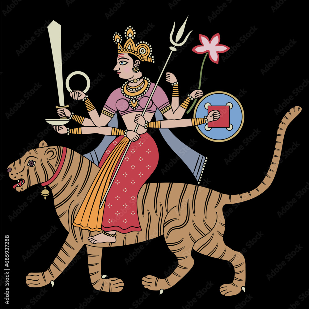 Hindu warrior goddess Durga riding a tiger. Traditional style ethnic ...