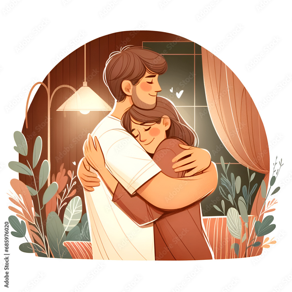 Illustrated scene of a couple sharing a warm embrace in a cozy living ...