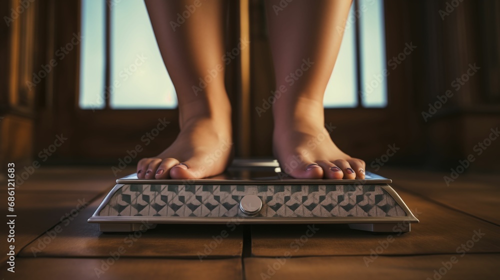 Сlose-up of a woman's feet on scales. Stock Photo | Adobe Stock