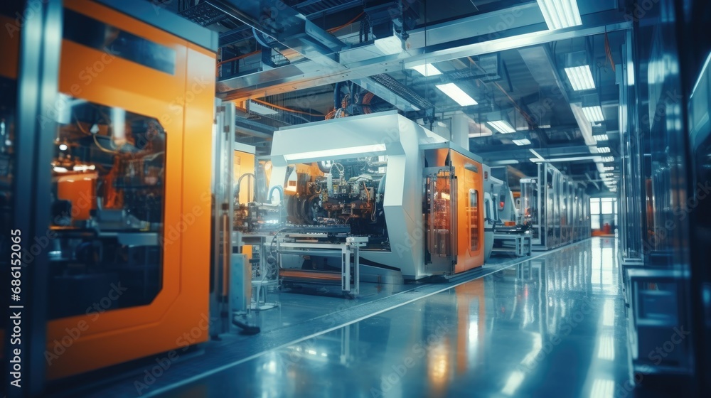 A modern factory with CNC milling machines. A bright ultra clean ...