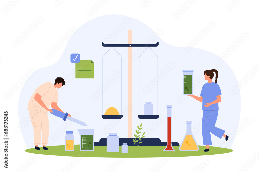 Pharmaceutical research in laboratory vector illustration. Cartoon tiny ...