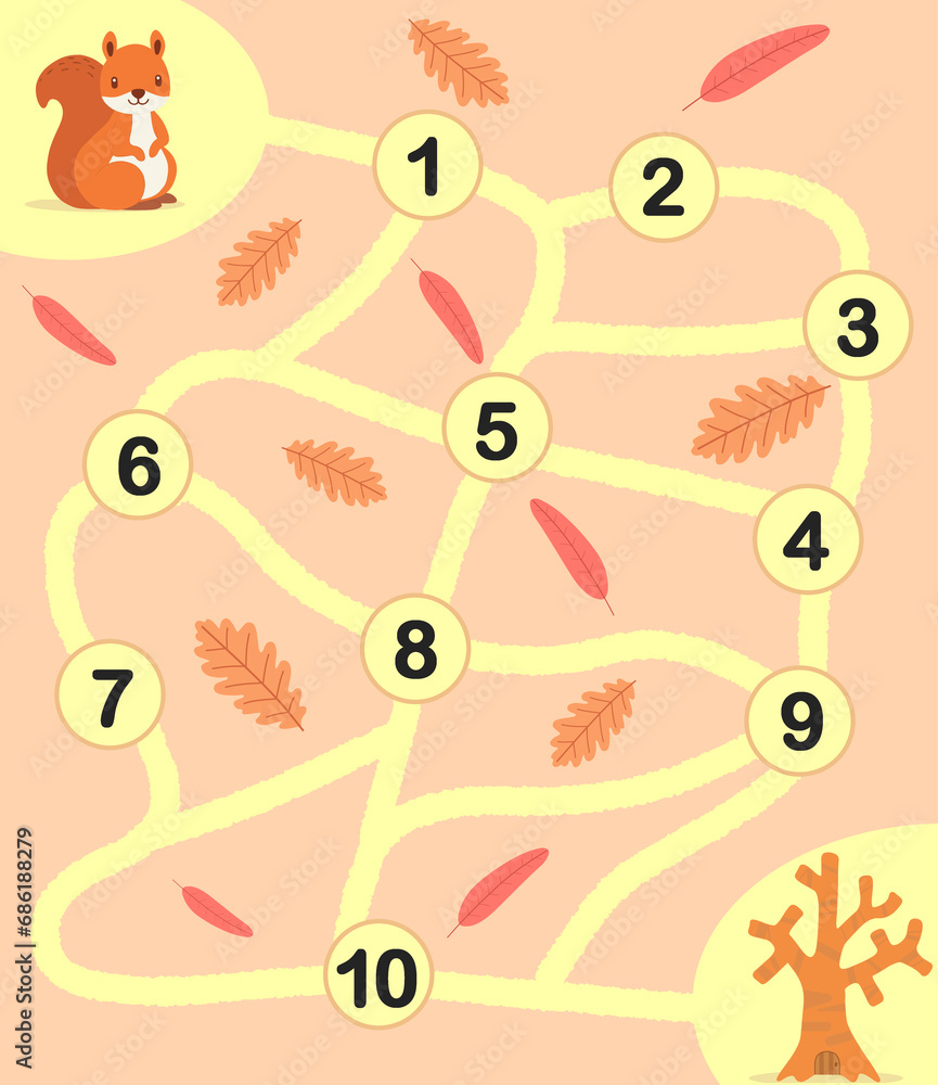 Number maze game for kindergarten and preschool with cute squirrel ...
