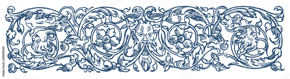 Indigo Floral Engraving Border. Hand Drawn Vector Outline, Graphic ...