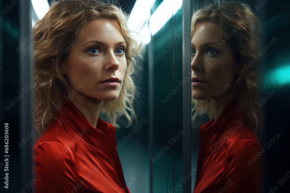 A woman with a pensive gaze, scrutinizing herself in the mirror ...