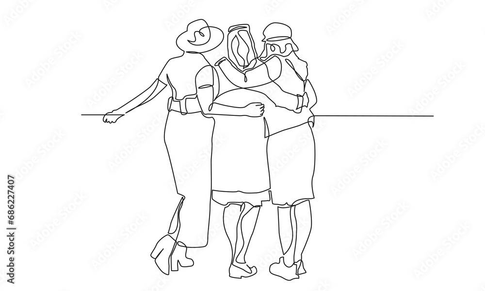 continuous line drawing of three women hugging together to show their ...