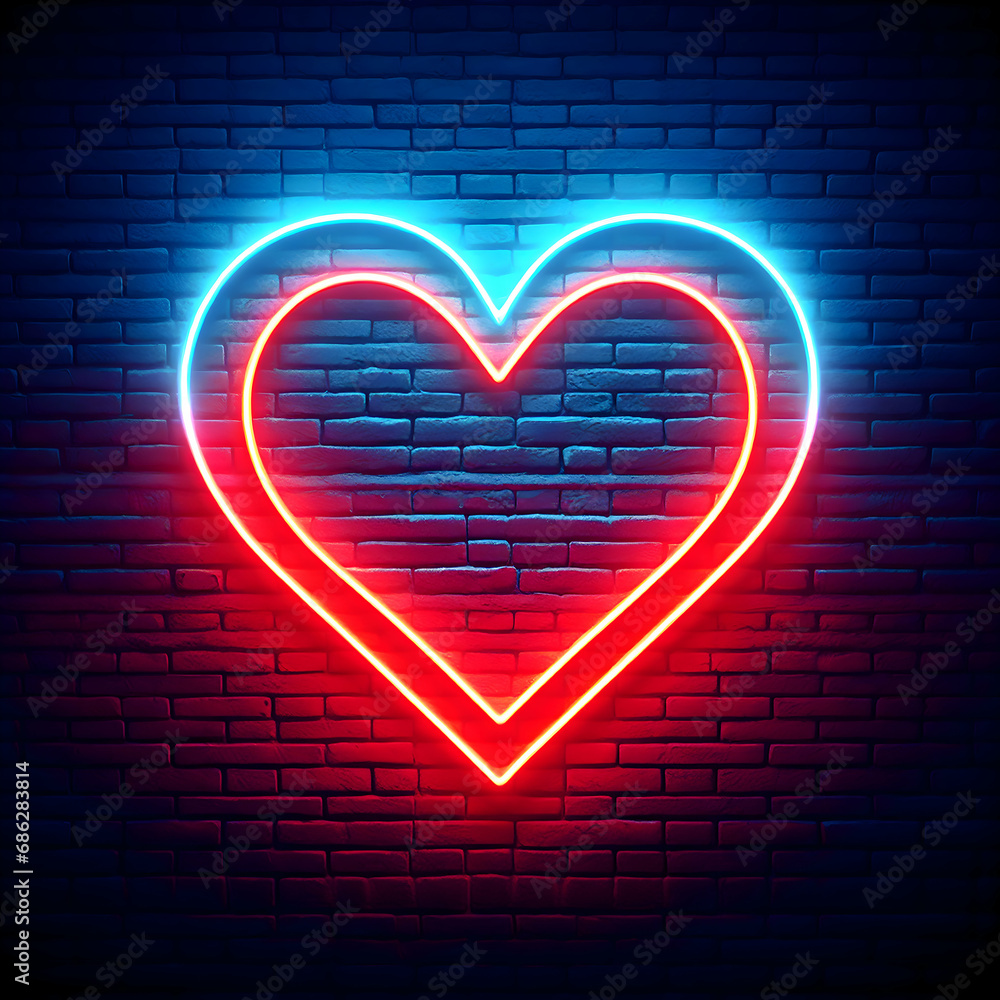 A heart-shaped neon light with a red and blue neon background lighting ...