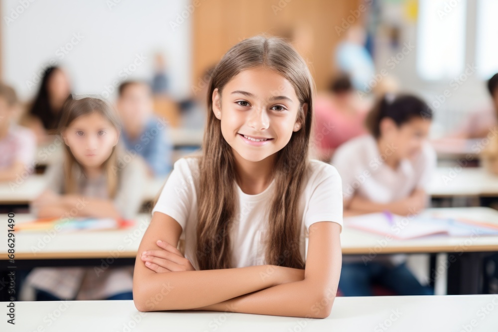 Cute 12 year old girl in the classroom Stock Photo | Adobe Stock