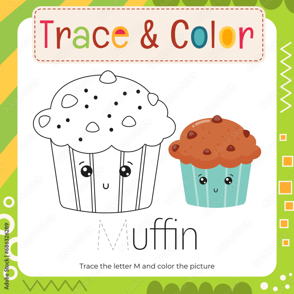 Coloring page for Letter Tracing Book. Trace letter M in word Muffin ...