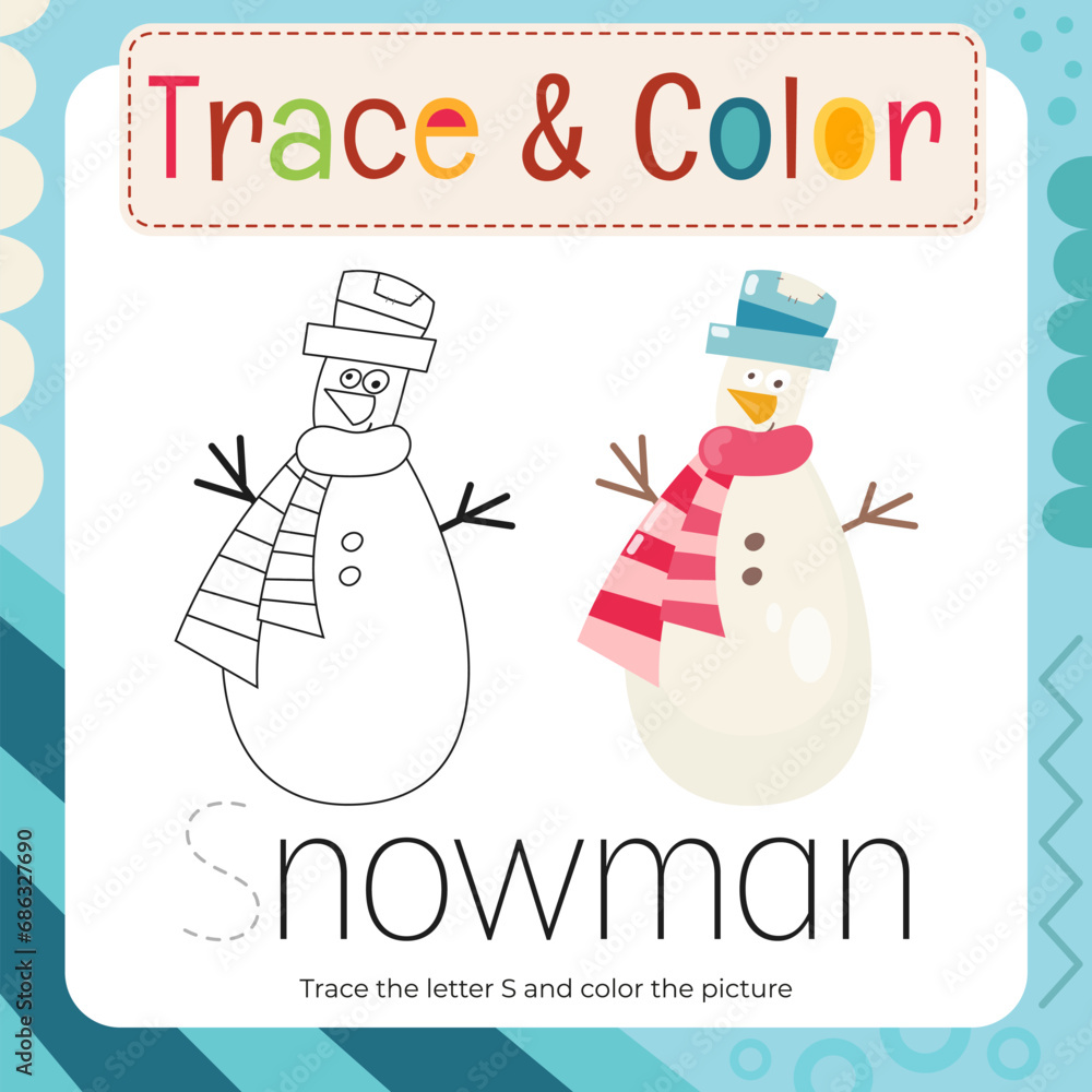 Coloring page for Letter Tracing Book. Trace letter S in word Snowman ...
